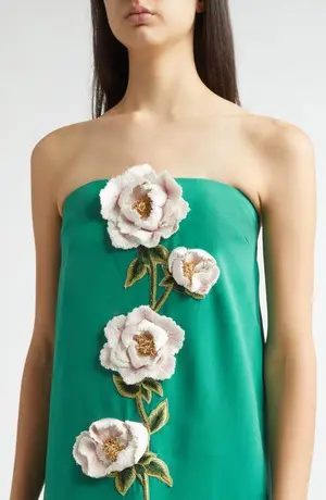 Lela Rose 3d Peony Embroidered Strapless Faille Gown