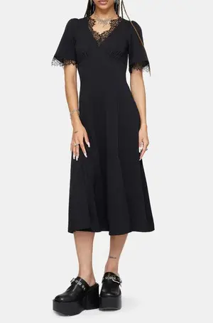 DISTURBIA V-neck Lace Back Midi Dress - Black