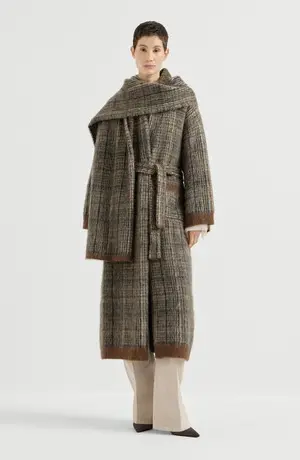 Brunello Cucinelli Mohair And Wool Prince Of Wales Double Knit Coat With Scarf - Brown