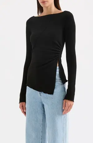 Nude Lucy Cora Long Sleeve Top Boatneck Asymmetrical Knit - Black