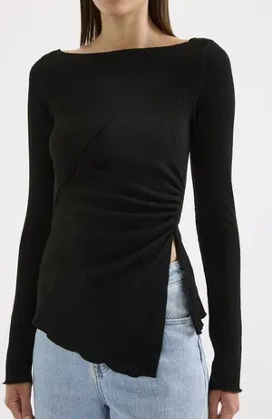 Nude Lucy Cora Long Sleeve Top Boatneck Asymmetrical Knit - Black