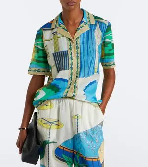 Tory Burch Printed Cotton Poplin Bowling Shirt - Blue