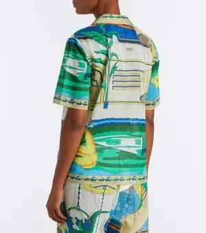 Tory Burch Printed Cotton Poplin Bowling Shirt - Blue