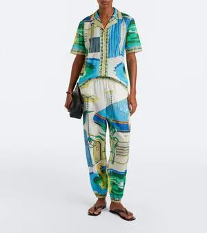 Tory Burch Printed Cotton Poplin Bowling Shirt - Blue