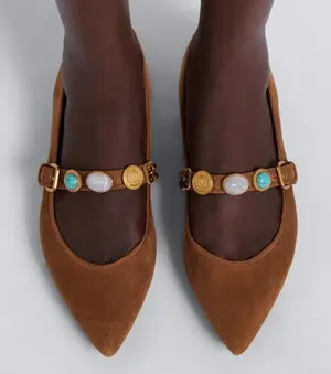 Veronica Beard Embellished Suede Mary Jane Flats - Brown