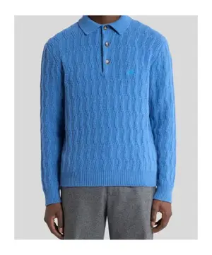 Etro Polo-style Sweater In Cashmere With Wavy Motif - Light Blue
