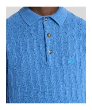 Etro Polo-style Sweater In Cashmere With Wavy Motif - Light Blue