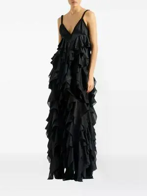 Balmain Satin Ruffled V-neck Evening Top