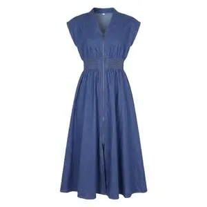 MODENAIRE Zip Front Midi Dress Smocked Waist - Blue