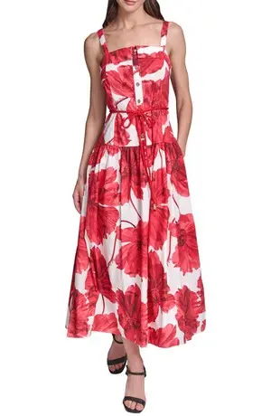 Karl Lagerfeld Paris Floral Print Sleeveless Dress - Tomato Multi