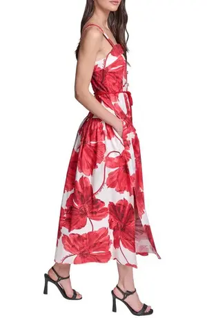 Karl Lagerfeld Paris Sleeveless Floral Print Midi Dress With Belt