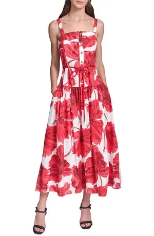 Karl Lagerfeld Paris Sleeveless Floral Print Midi Dress With Belt