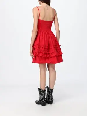 GANNI Cotton Poplin Mini Dress With Rouches And A Square Neckline