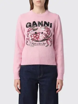 GANNI Recycled Wool-blend Crewneck Jumper With Graphic Print And Logo - Pink