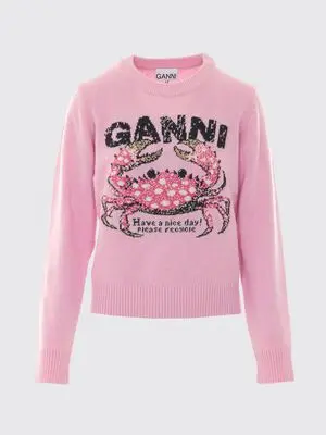 GANNI Recycled Wool-blend Crewneck Jumper With Graphic Print And Logo - Pink