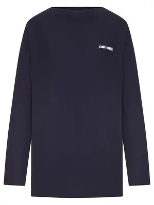 Miu Miu Ribbed Wool Sweater With Logo Patch - Blue