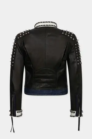 Dsquared2 Chic Rebel Studded Leather And Denim Biker Jacket