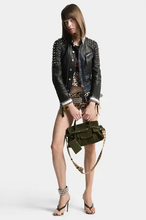 Dsquared2 Chic Rebel Studded Leather And Denim Biker Jacket