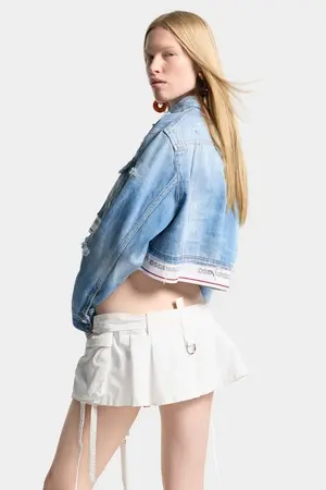 Dsquared2 Cropped Distressed Denim Jacket With Elasticated Logo Waistband