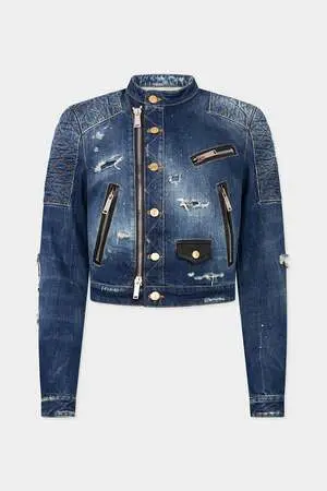 Dsquared2 Distressed Denim Biker Jacket - Blue