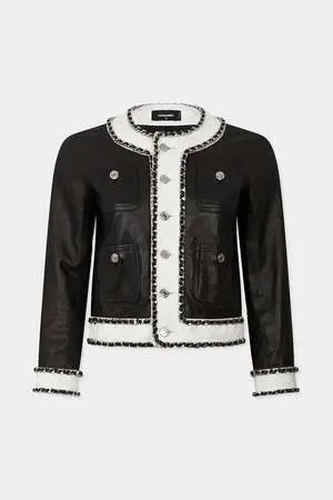 Dsquared2 Leather Jacket With Contrasting Cuffs And Woven Edging