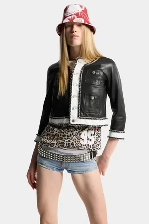 Dsquared2 Leather Jacket With Contrasting Cuffs And Woven Edging