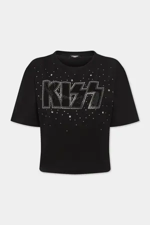 Dsquared2 Kiss X Pressato Cropped T-shirt With Rhinestone Embellishments