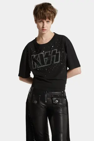 Dsquared2 Kiss X Pressato Cropped T-shirt With Rhinestone Embellishments
