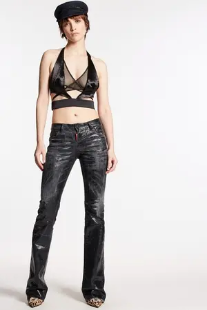 Dsquared2 Shiny Coated Wash Medium Waist Flare Jeans - Black
