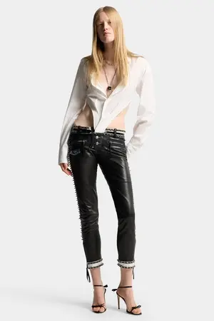 Dsquared2 Leather Biker Pants With Studded Outseams And Denim Detailing