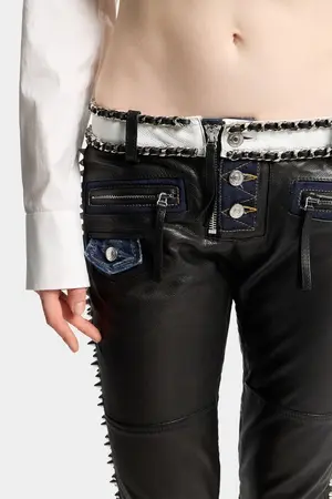Dsquared2 Leather Biker Pants With Studded Outseams And Denim Detailing