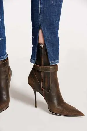 Dsquared2 S.s. Dark Ripped Leather Patch Twiggy Jeans