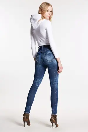 Dsquared2 Dark Ripped Leather Patch Twiggy Jeans