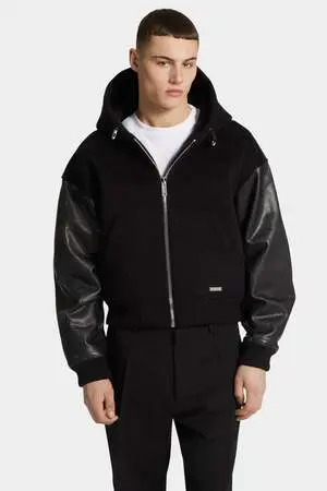 Dsquared2 Hooded Bomber Jacket With Leather Sleeves