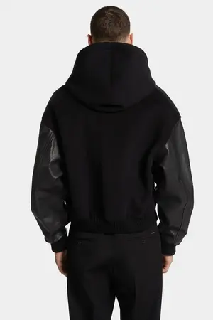Dsquared2 Hooded Bomber Jacket With Leather Sleeves