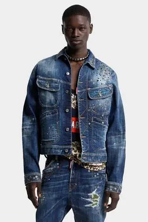 Dsquared2 Dark Busted Rebel Wash Denim Jacket