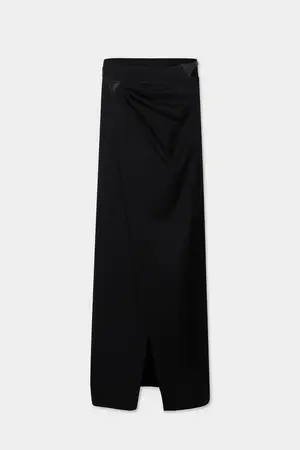 Dsquared2 Wrap Skirt In Granité Wool With Leather Straps - Black