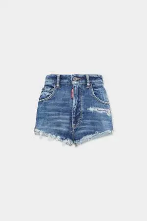 Dsquared2 Medium Wash High Waist Hot Pants With Distressed Details - Blue