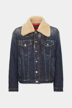 Dsquared2 Denim Aviator Jacket With Fur Collar - Blue