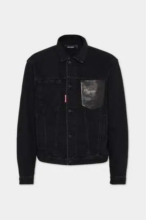 Dsquared2 Oversized Denim Jacket With Leather Pocket Detail - Black