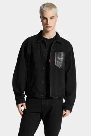 Dsquared2 Oversized Denim Jacket With Leather Pocket Detail