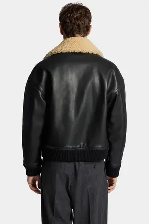 Dsquared2 Leather Aviator Bomber Jacket With Lambskin Collar