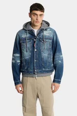 Dsquared2 Medium Ripped Wash Denim Jacket With Jersey Insert