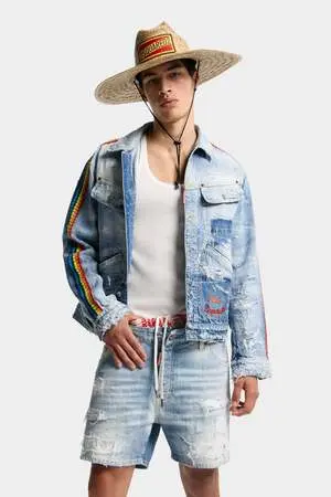 Dsquared2 Distressed Denim Jacket With Rainbow Stripes