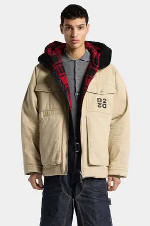 Dsquared2 Carpenter Padded Jacket With Checked Flannel Lining And Fleece Trimmed Hood