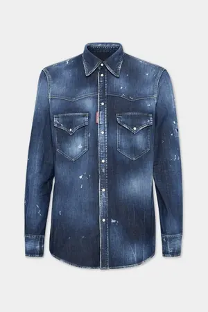 Dsquared2 Stretch Denim Western Shirt With Distressed Detailing - Blue