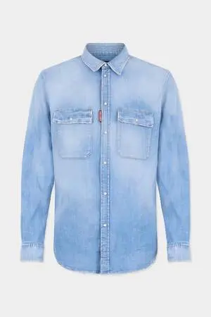 Dsquared2 Light Wash Distressed Denim Shirt - Blue