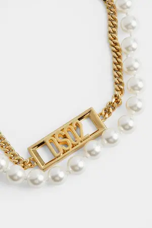 Dsquared2 Layered Chain And Pearl Bracelet With Dsq2 Plaque
