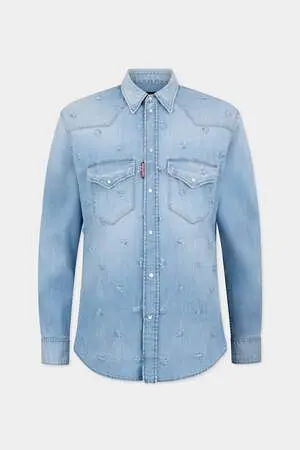 Dsquared2 Light Wash Western Shirt With 3d Flower Appliqués - Blue