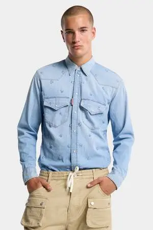 Dsquared2 Light Wash Western Shirt With 3d Flower Appliqués